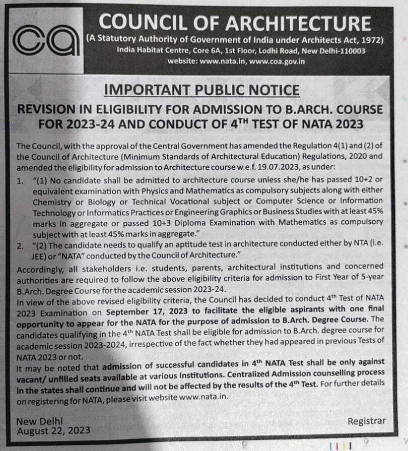 New NATA Exam Eligibility Rules for B.Arch. Course Admission ...